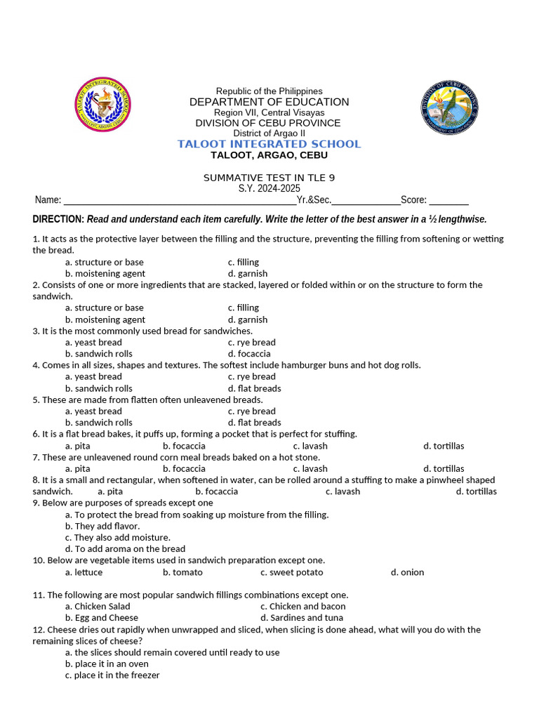 Tle 9 Cookery 3rd Final Summative Test | PDF | Sandwich | Sausage