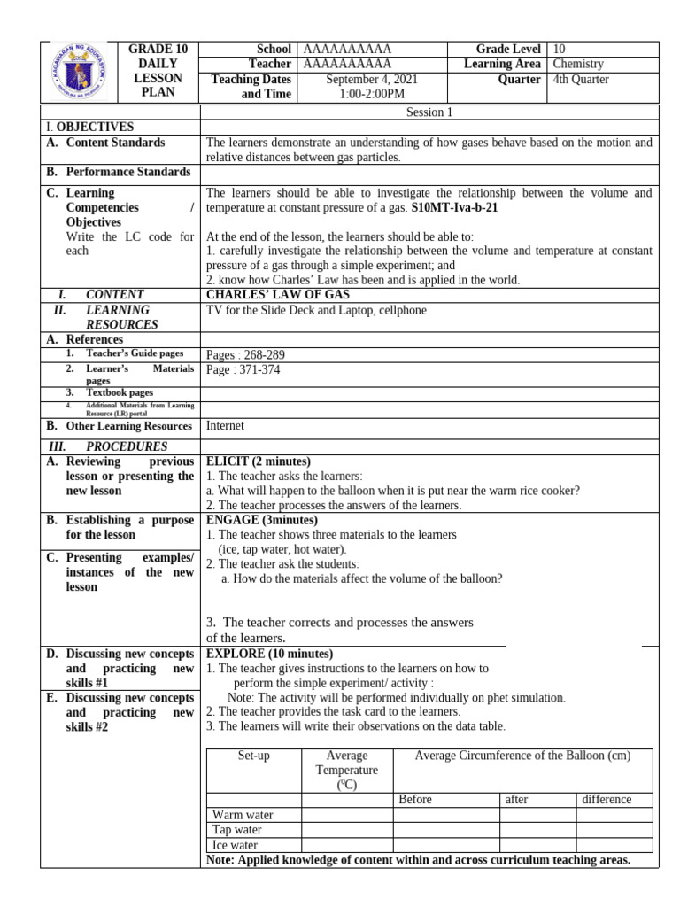 Lesson Plan 7es Grade 10 Science | PDF | Gases | Teachers