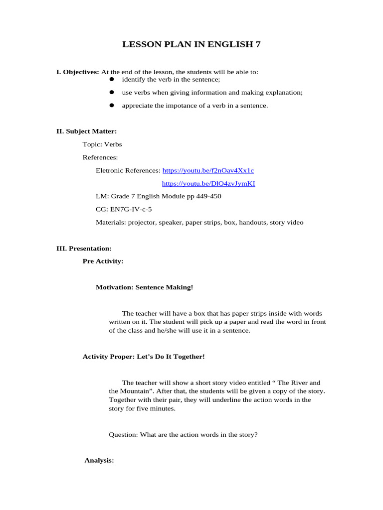 English 7 Lesson Plan: Understanding Verbs | PDF | English Language ...