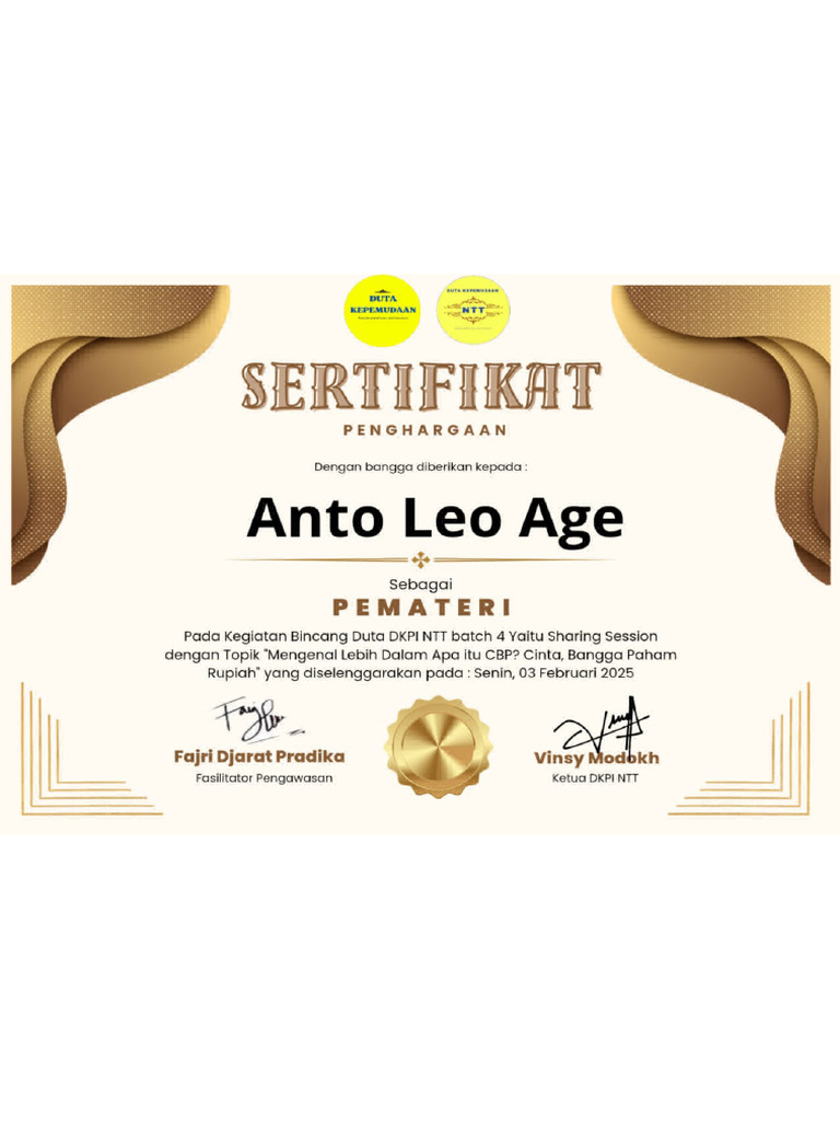SERTIFIKAT PENGHARGAAN ANTO LEO AGE | PDF