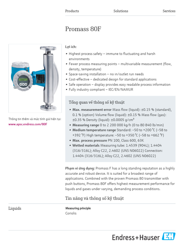 Endress-Hauser Promass 80F VI | PDF | Density | Flow Measurement