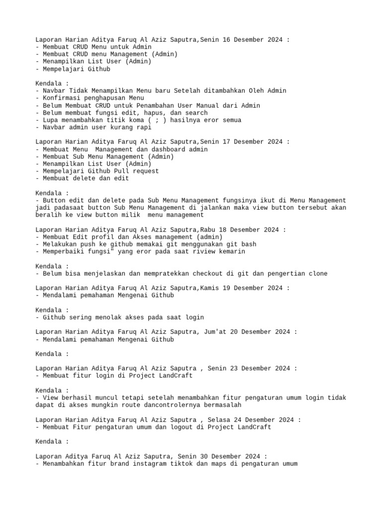 Laporan Harian PKL Aditya Faruq Al Aziz Saputra | PDF