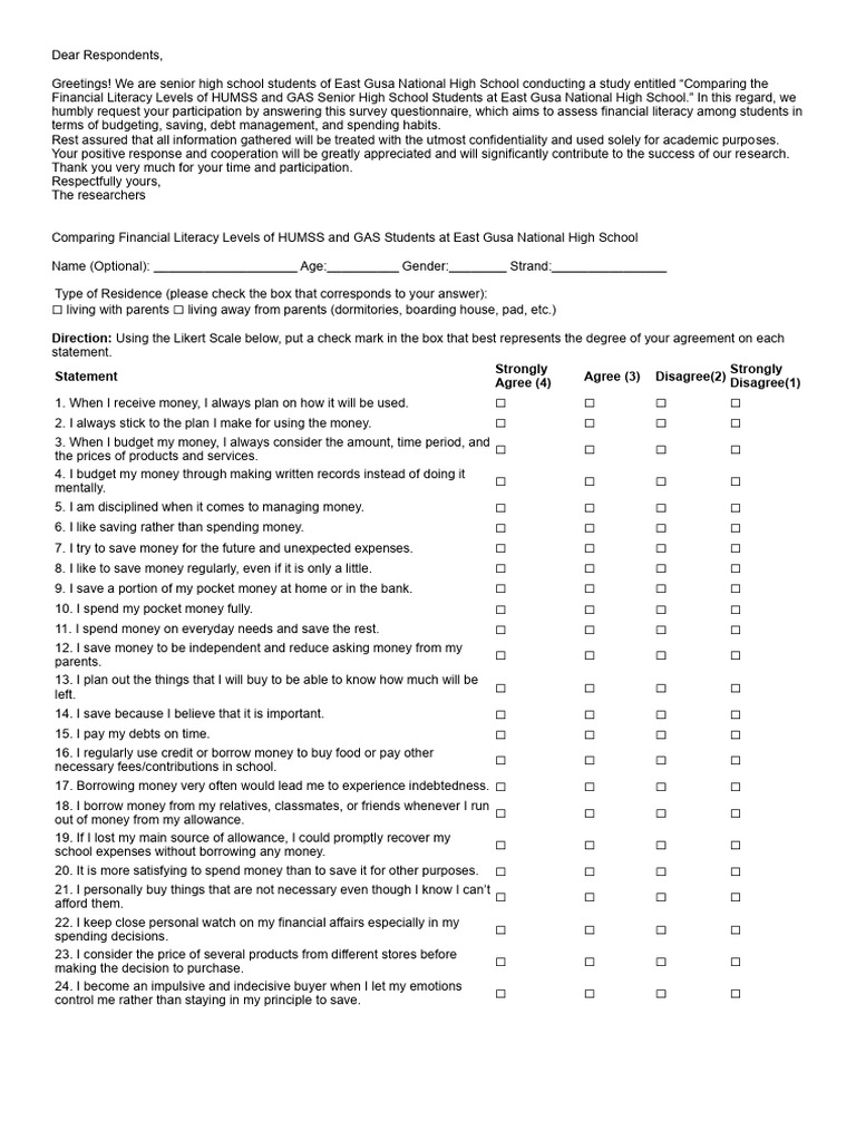 Financial Literacy Survey for HUMSS & GAS Students | PDF | Debt | Business