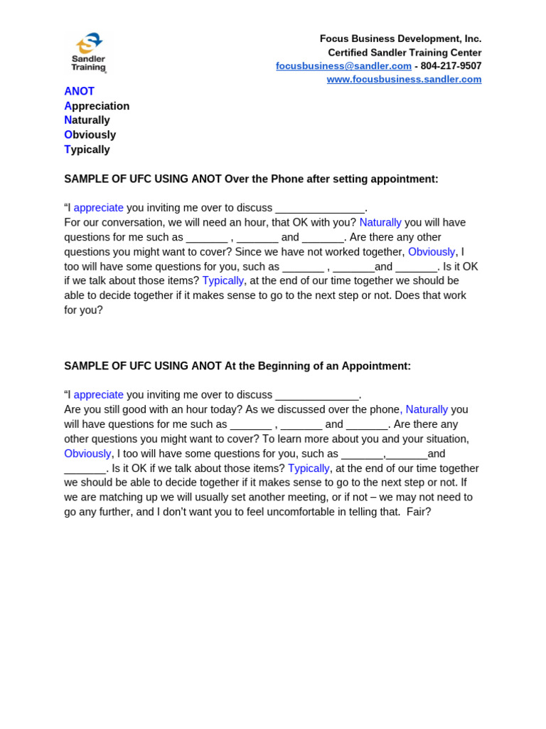 Up Front Contract ANOT examples | PDF