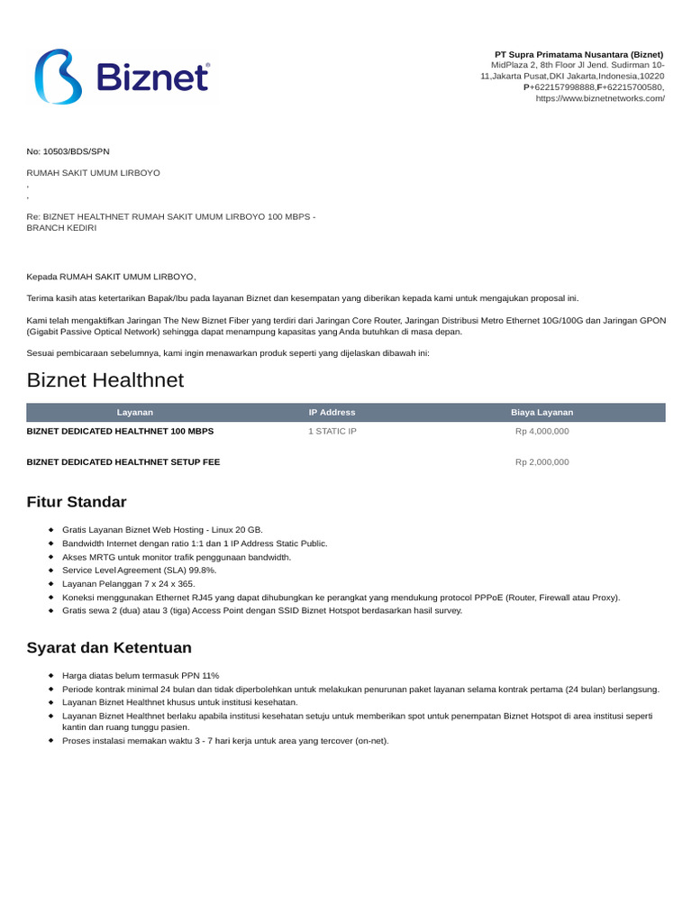 010_biznet Healthnet Rumah Sakit Umum Lirboyo 100 Mbps - Branch Kediri | PDF