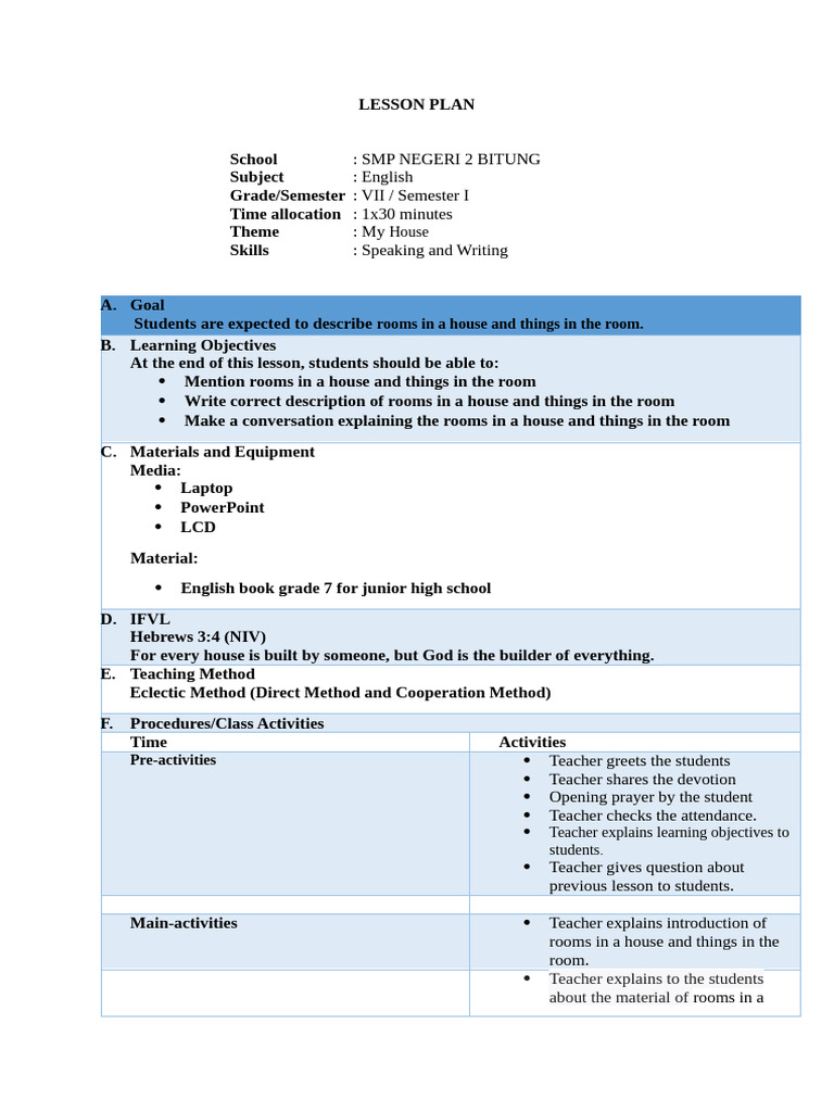English Lesson Plan: My House Description | PDF | Teachers | Lesson Plan