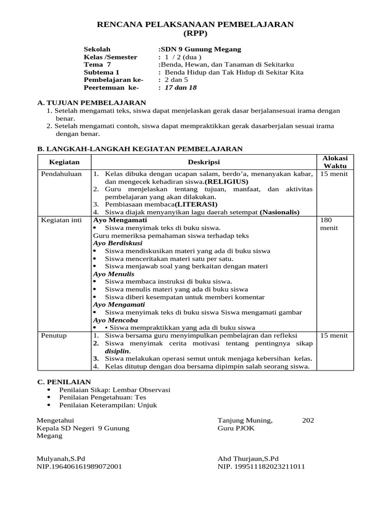 RPP 1 Lembar PJOK Kelas 1 Tema 7 Subtema 1 | PDF