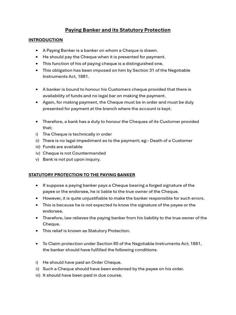 Statutory Protection for Paying Bankers | PDF | Cheque | Payments