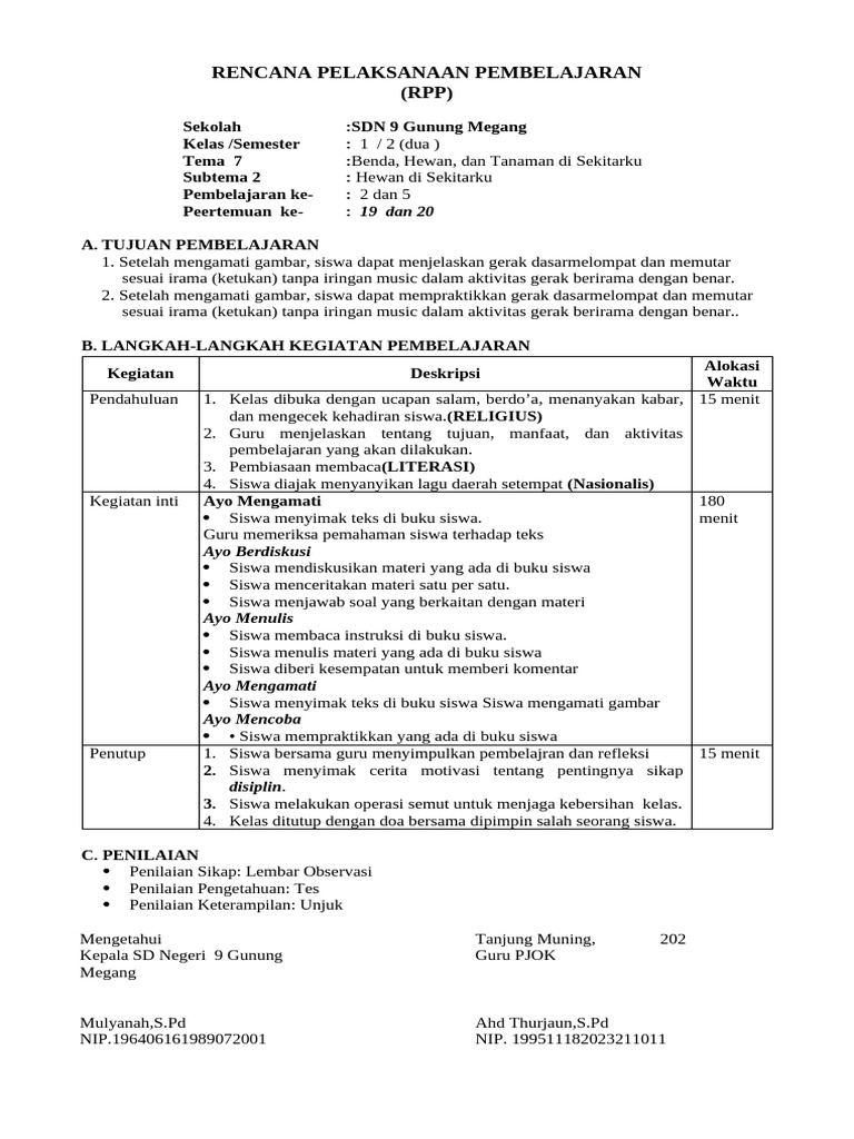 RPP 1 Lembar PJOK Kelas 1 Tema 7 Subtema 2 | PDF