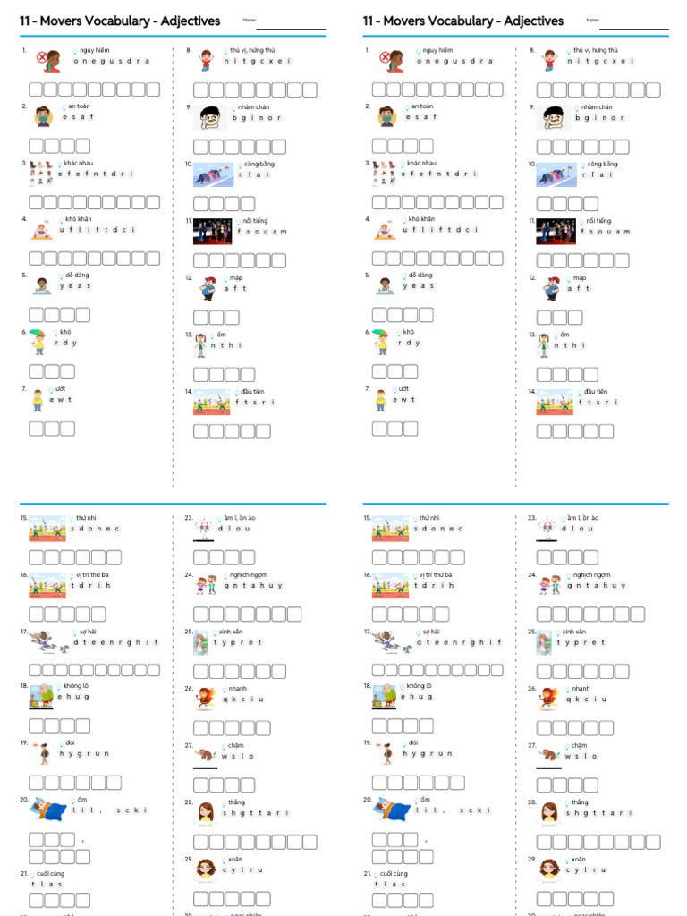 11 Movers Vocabulary Adjectives Anagram | PDF