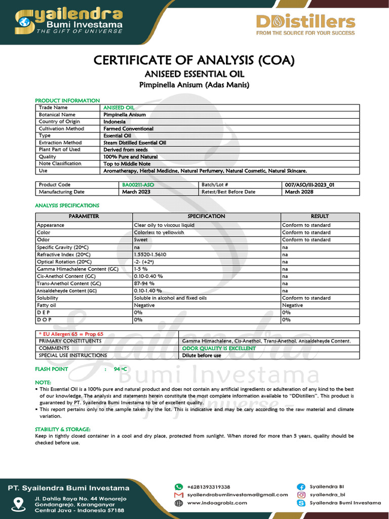 SBI-DD - COA - Aniseed - EO - Berkops - Final | PDF | Essential Oil ...