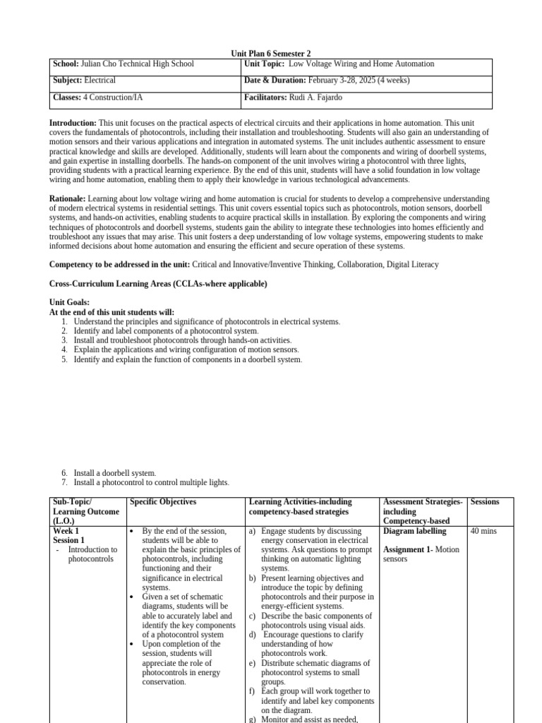 Electrical Unit Plan 6 - 4th Form | PDF | Troubleshooting | Automation