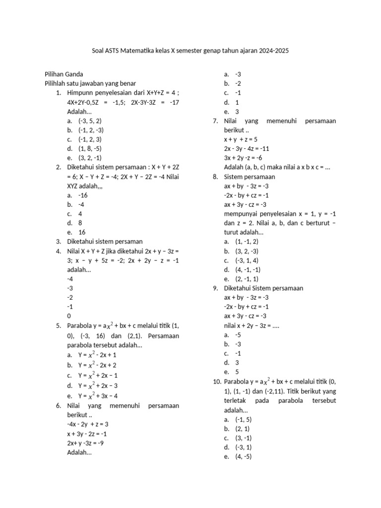 Soal ASTS Matematika kelas X semester genap tahun ajaran 2024 | PDF