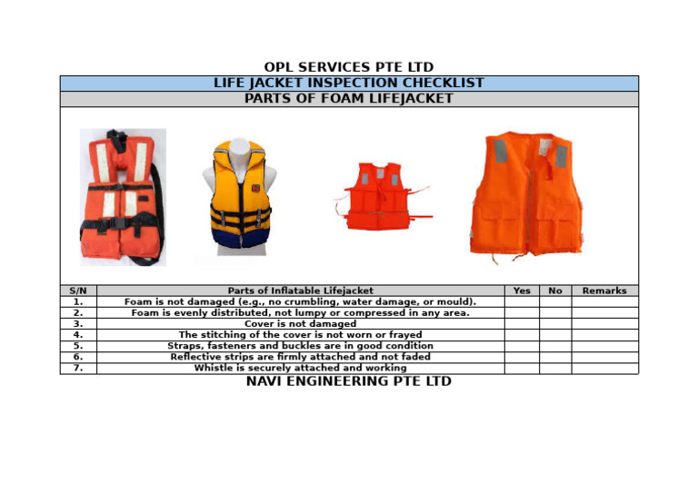 Foam Life Jacket Inspection Checklist | PDF