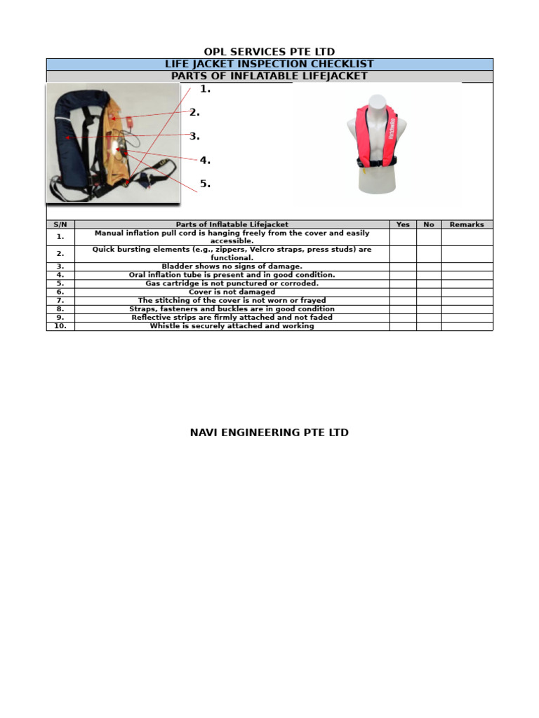 Inflatable Life Jacket Inspection Checklist | PDF