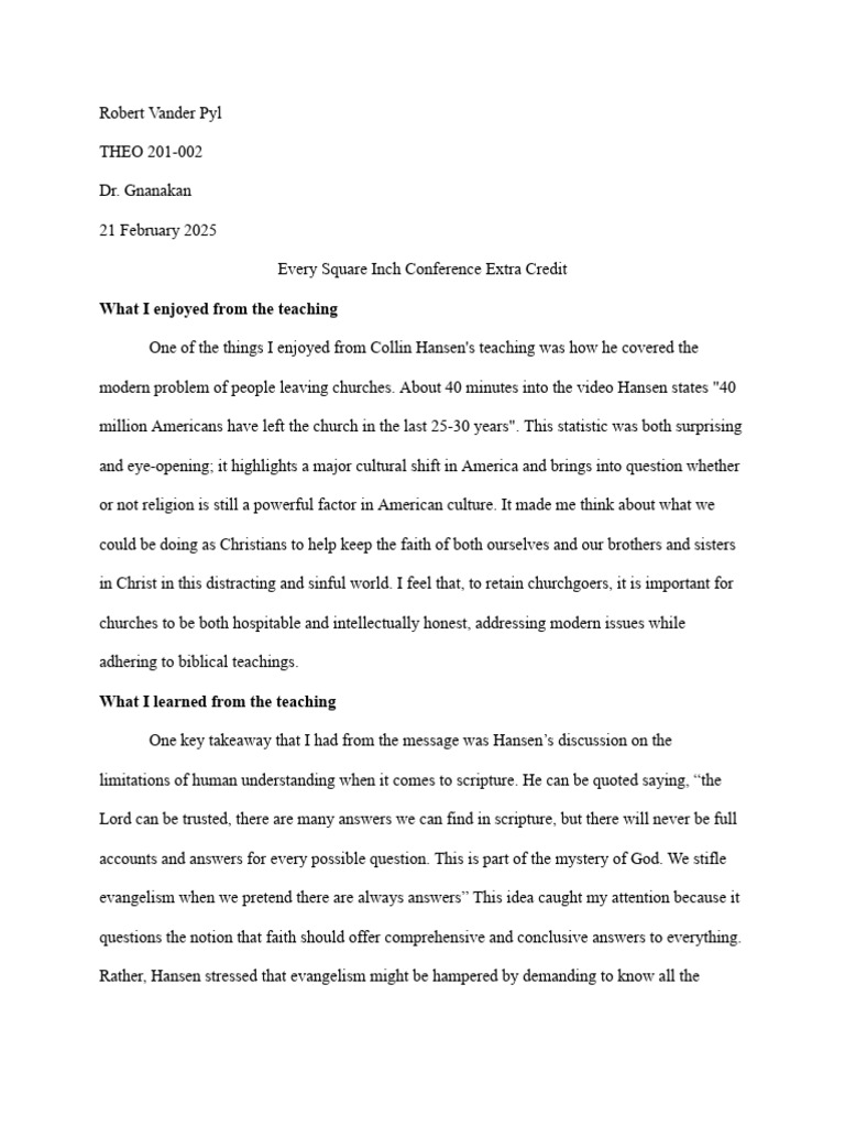 Robert Vander Pyl - Every Square Inch Conference Extra Credit | PDF