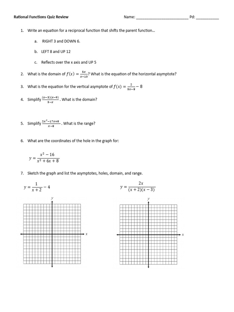 Rational Functions Quiz Review | PDF | Asymptote | Function (Mathematics)