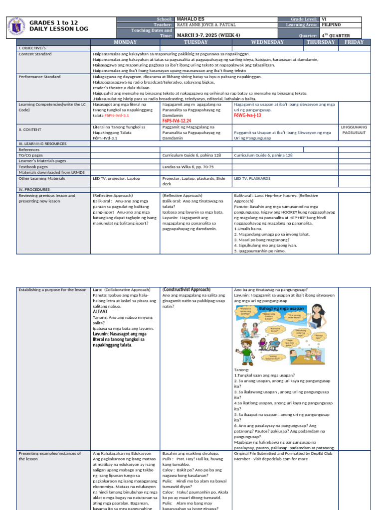 DLL - Filipino 6 - Q4 - W4 | PDF