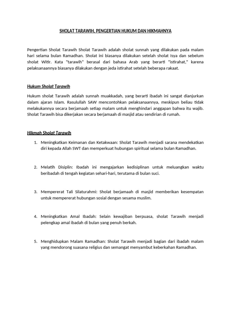 Sholat Tarawih, Penegrtian Hukum Dan Hikmahnya | PDF