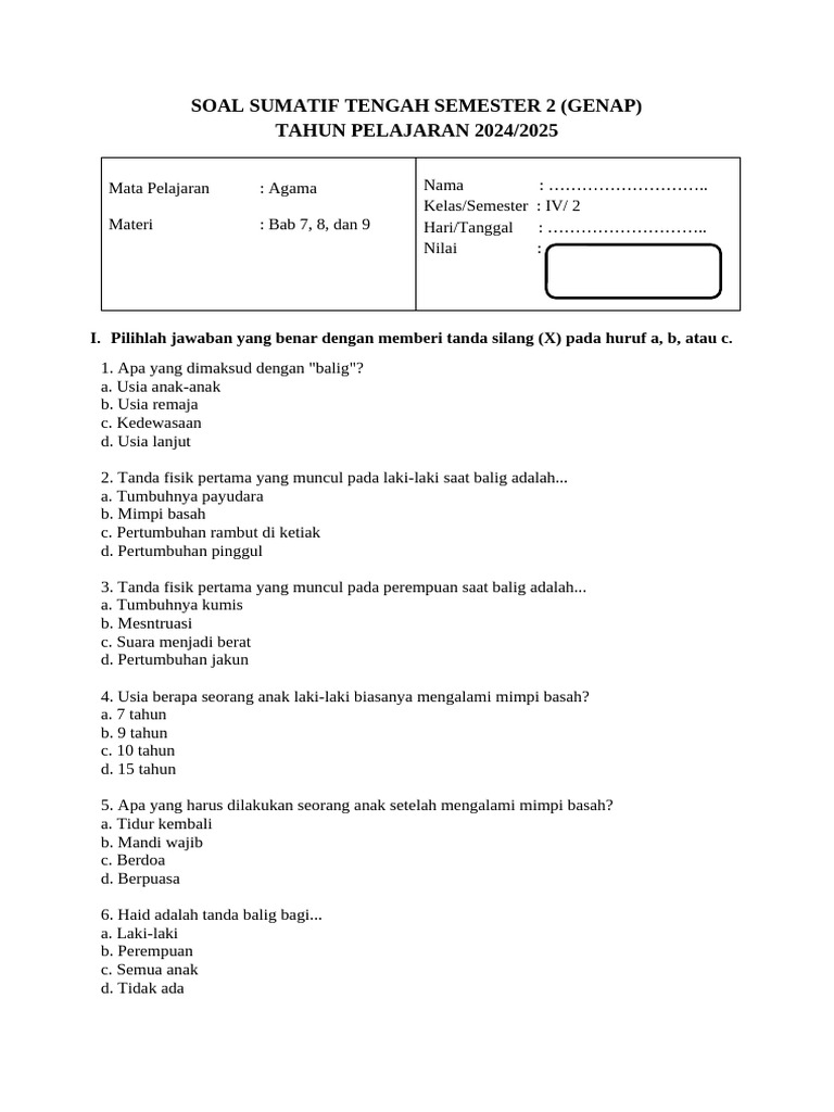 Soal Agama Kelas Iv | PDF