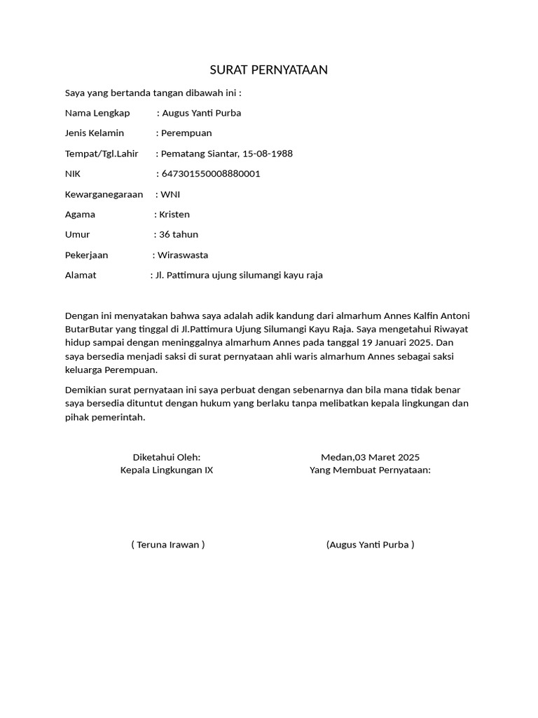 SURAT PERNYATAAN Perempuan | PDF