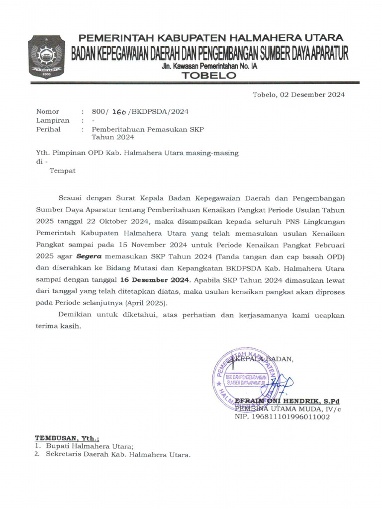 SURAT PEMBERITAHUN PEMASUKAN SKP TAHUN 2024 | PDF