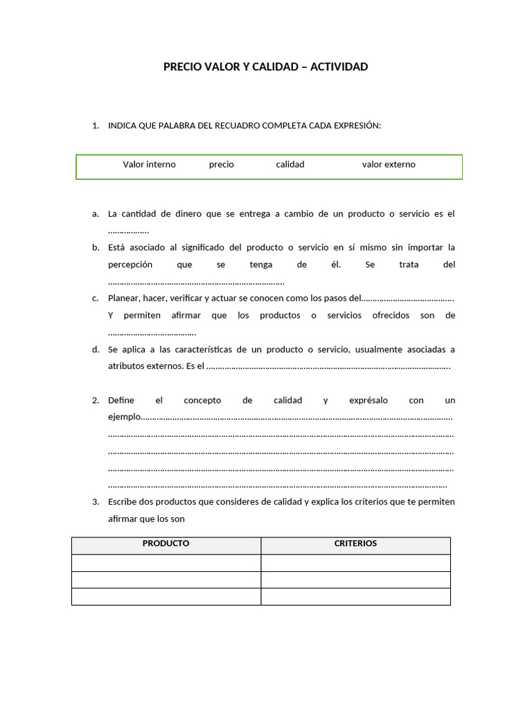 Precio, Valor y Calidad en Productos | PDF