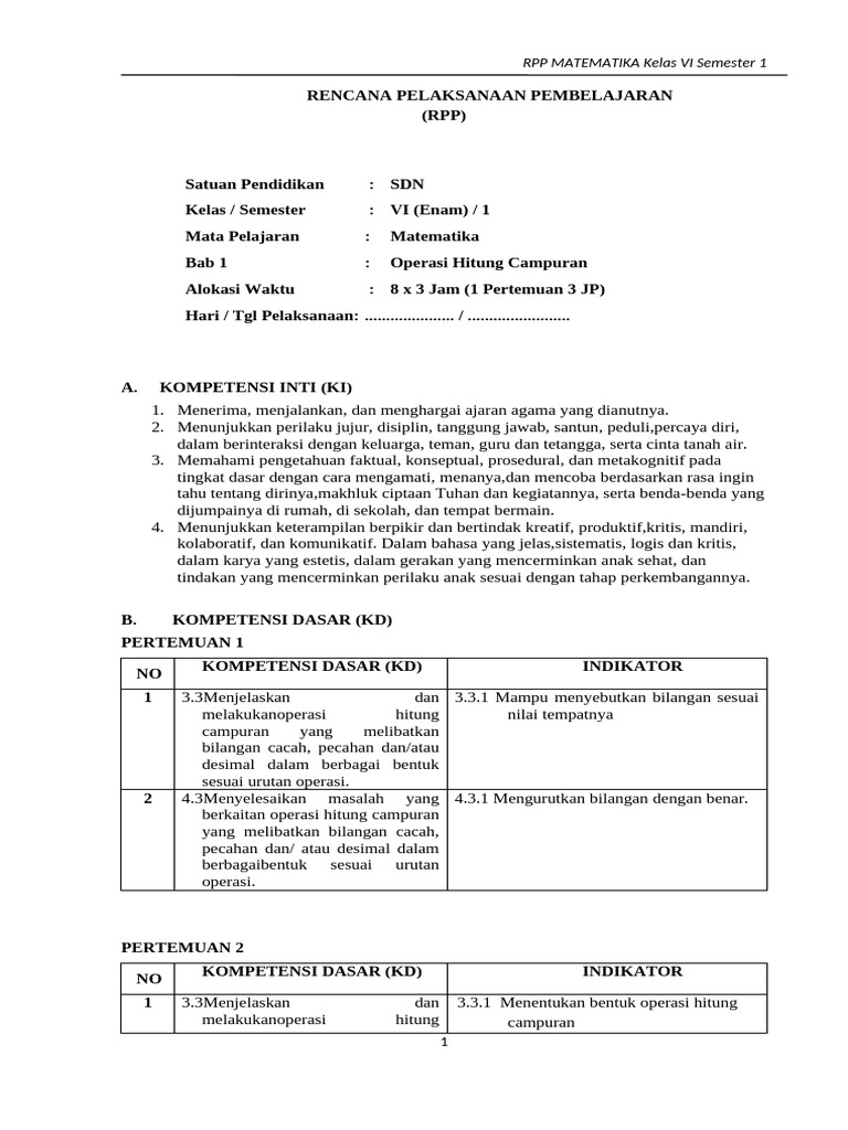 Rpp Mtk Kelas 6 Smtr 1 | PDF