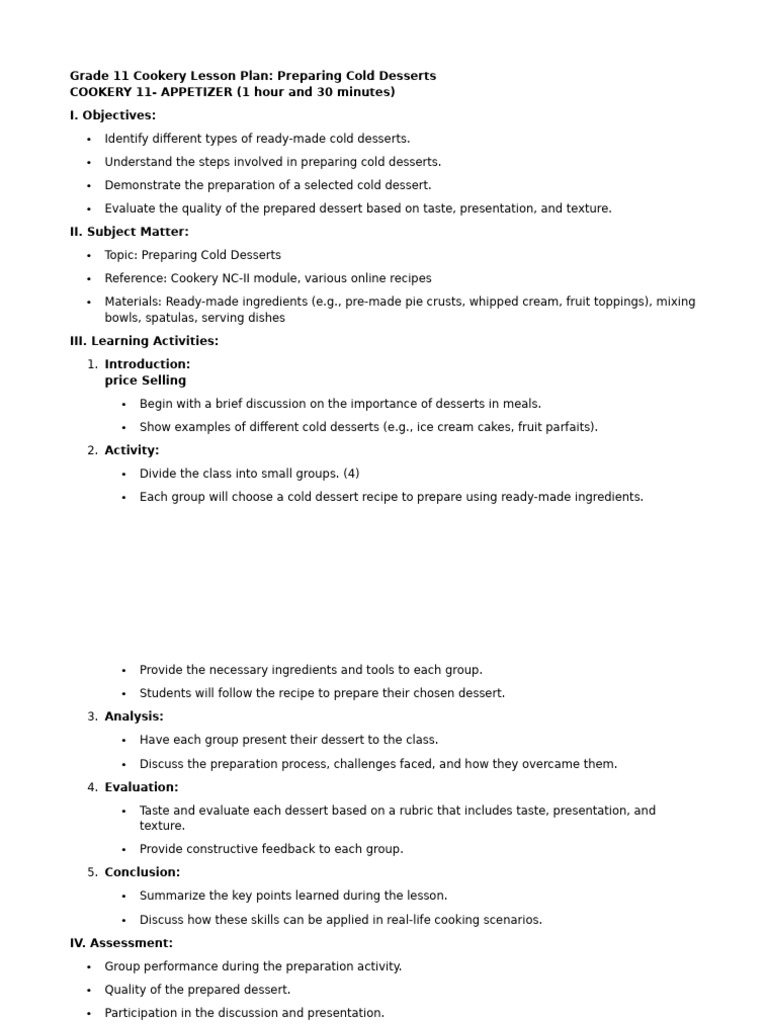 Quarter 4 Detailed Lesson Plan | PDF | Desserts | Recipe