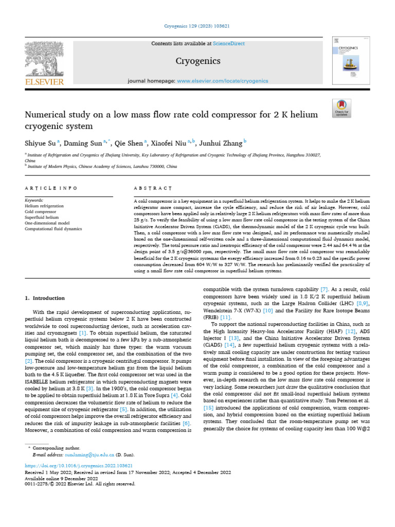 Numerical Study On A Low Mass Flow Rate Cold Compressor For 2 K Helium | PDF | Exergy | Helium