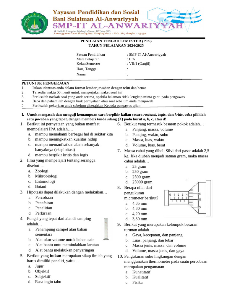 Soal PTS IPA 7 Ganjil 2024 | PDF