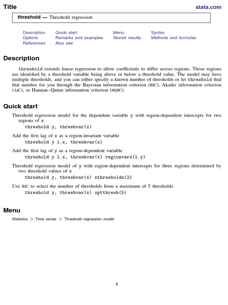 Threshold Regression in Stata Guide | PDF | Akaike Information ...