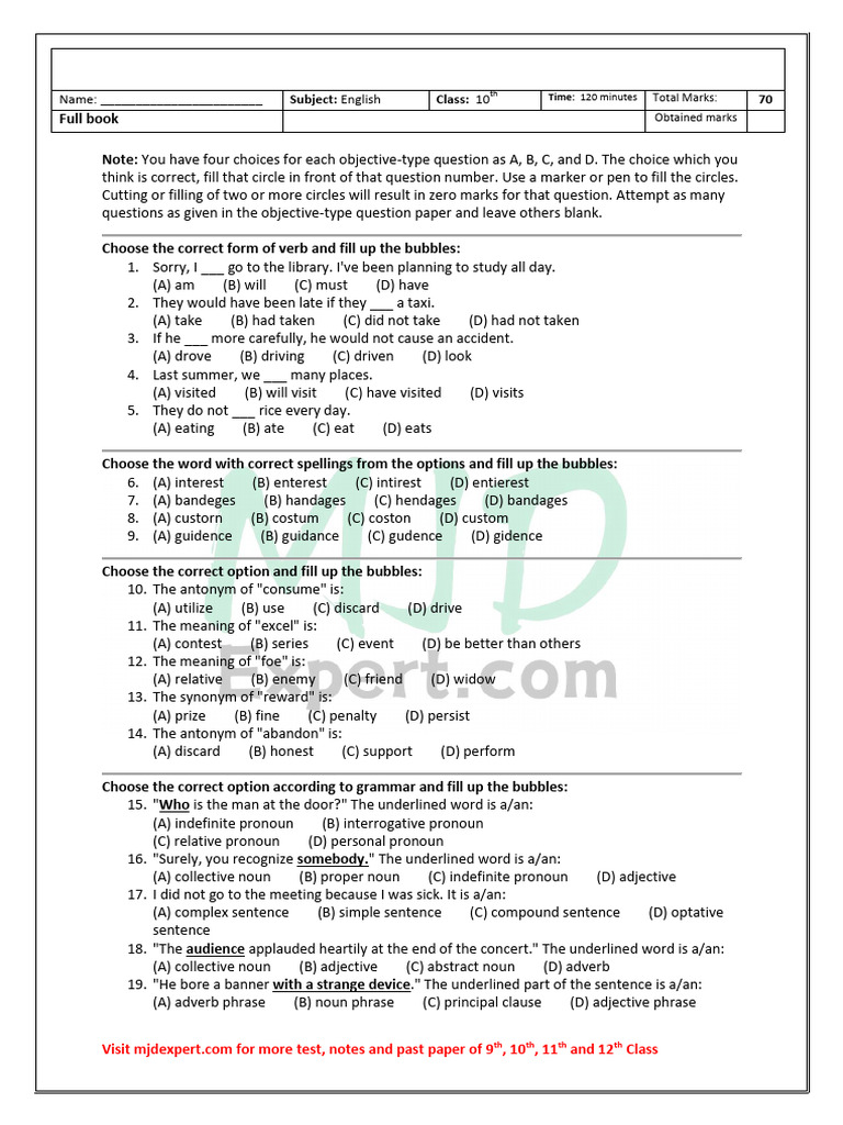 10th Grade English Exam Paper Guide | PDF | Pronoun | English Language