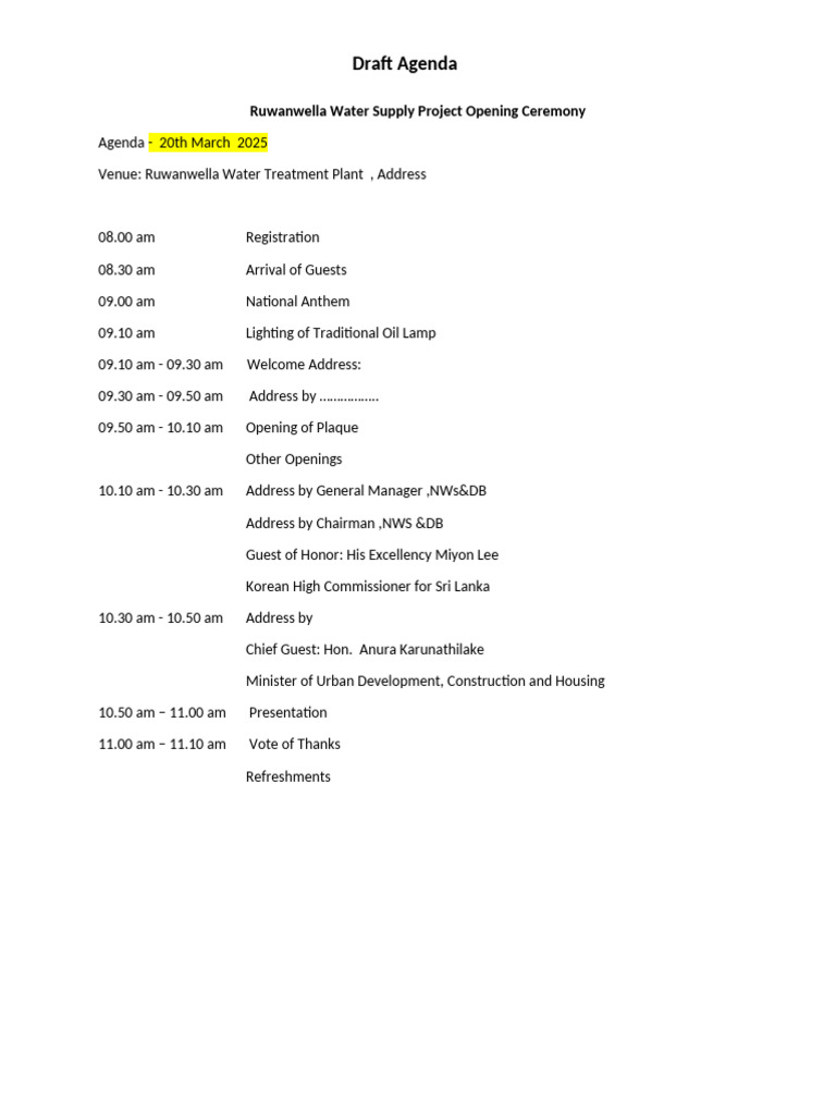 Ruwanwella Water Supply Project Opening Ceremony | PDF