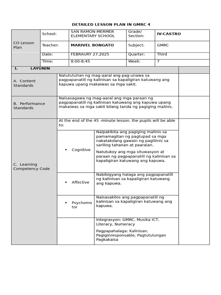 Detailed Lesson Plan in GMRC 4 (Cot) | PDF