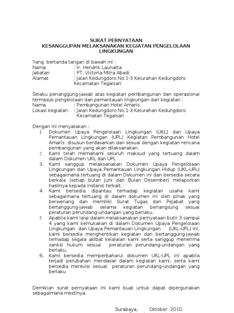 Surat Pernyataan - Ukl Upl | PDF | Bisnis