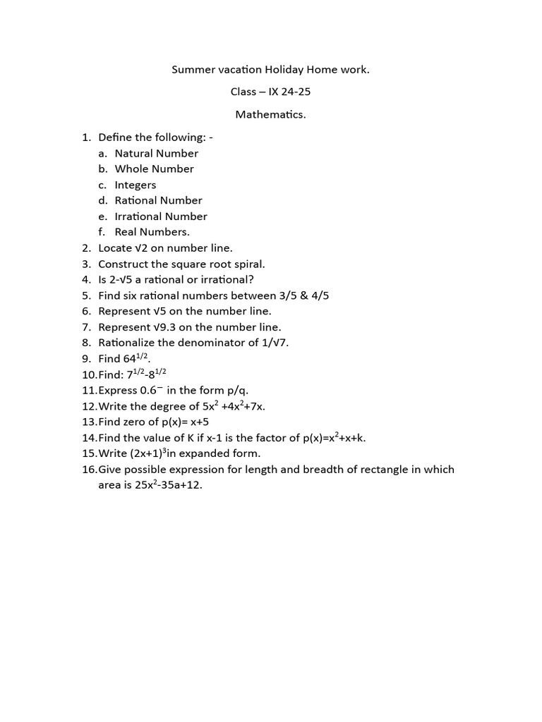 Math Homework for Summer Vacation | PDF