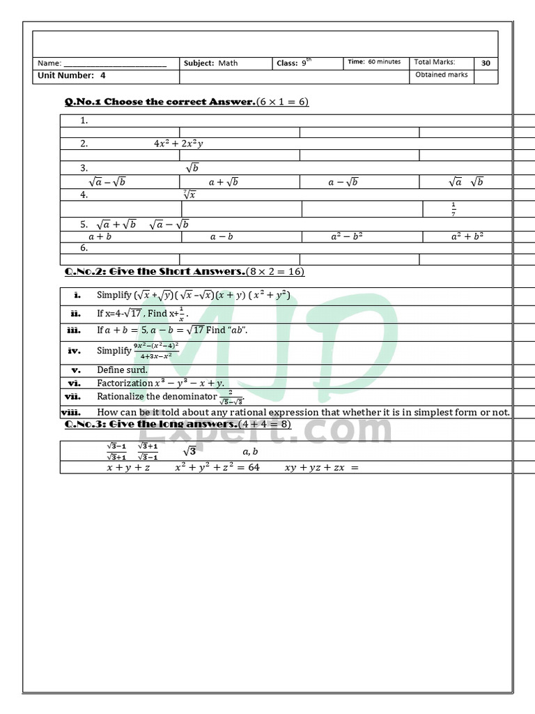 Unit4 9th Class Math Chapter Wise Test | PDF