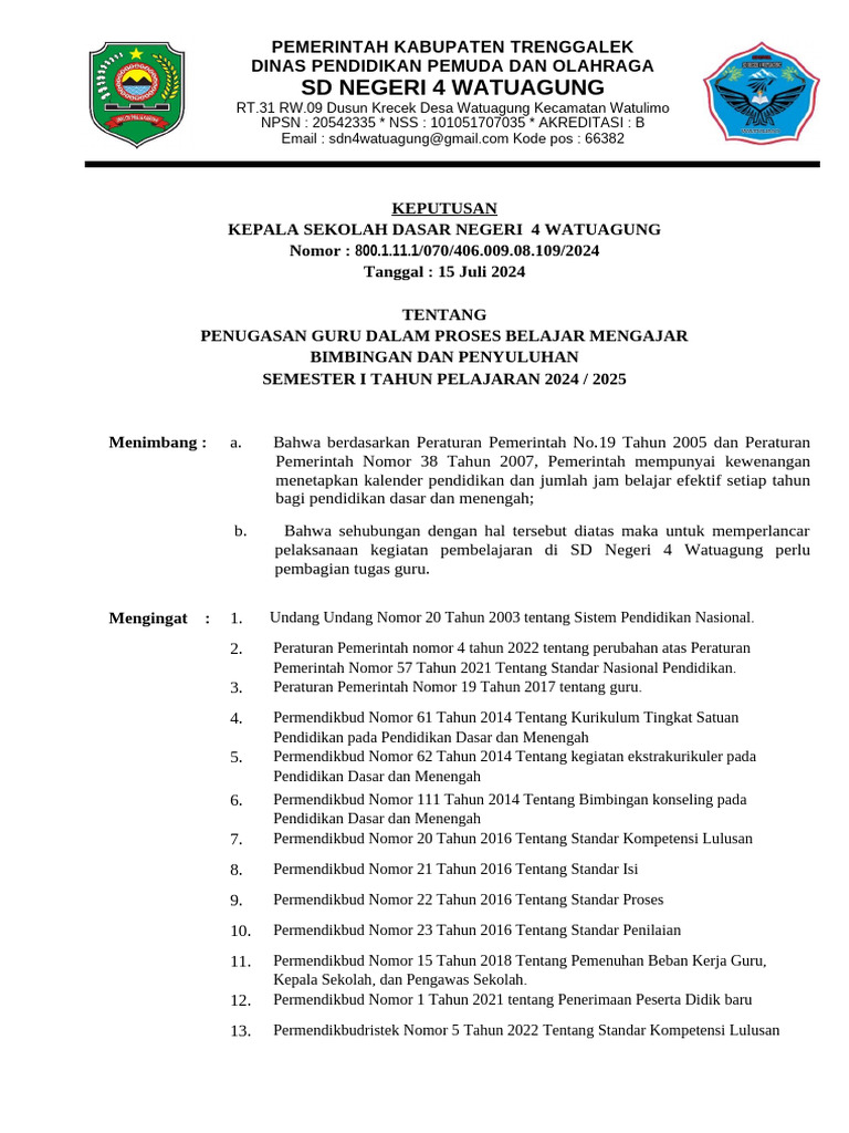 SK Pembagian Tugas 24-25 SMTR I | PDF