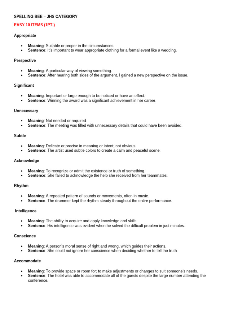 SPELLING BEE - JHS & SHS | PDF | Conscience | Intelligence