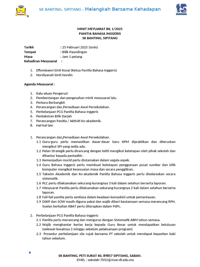 Minit Mesyuarat Panitia Bi Bil 1 2025 | PDF