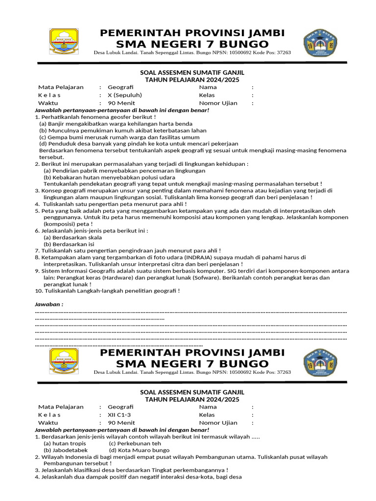 Soal Sumatif Ganjil 2024 GEOGRAFI Kls X-XII | PDF