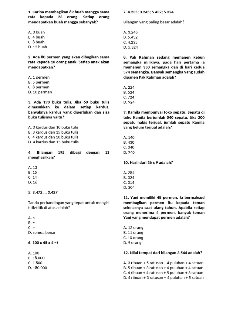 SOAL Les MTK Kls Tiga | PDF