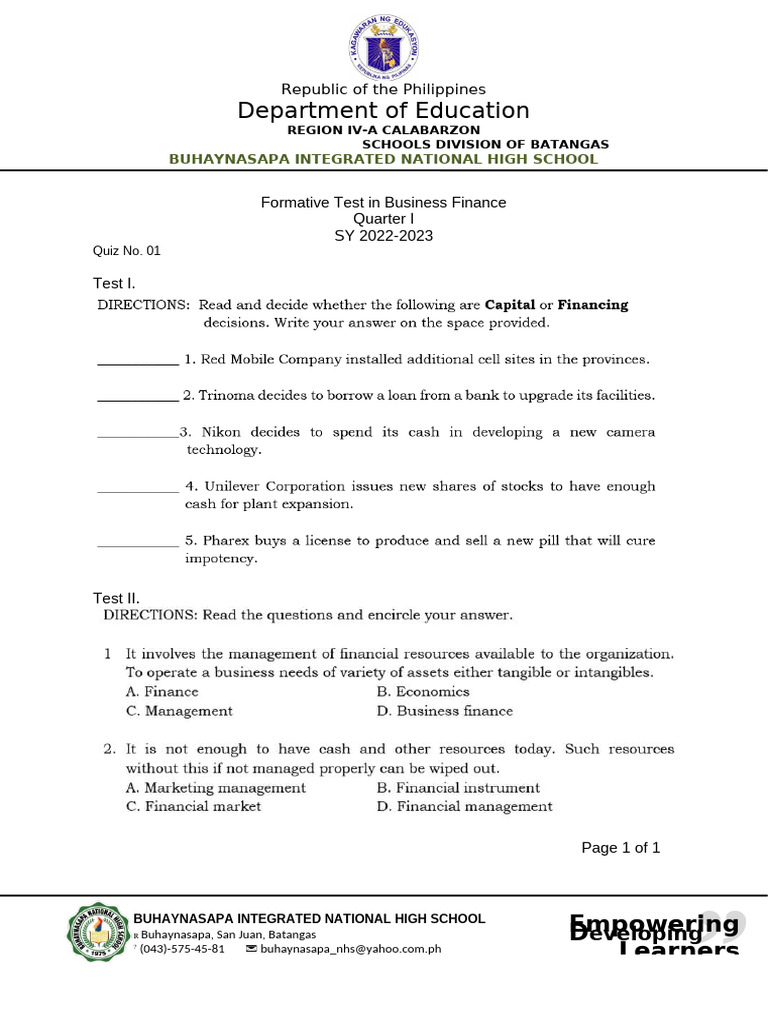 Formative-Test-Quiz No. 1 | PDF