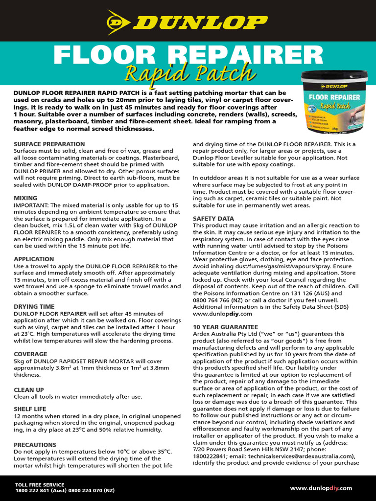 Dunlop Floor Repairer Rapid Patch Datasheet | PDF | Flooring | Consumer ...