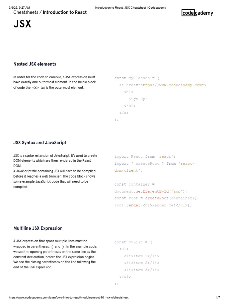 Introduction To React - JSX Cheatsheet - Codecademy | PDF | Java Script | Document Object Model