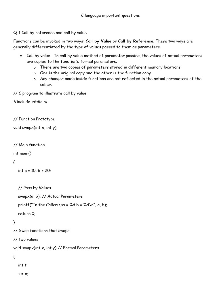 C Language Important Questions Pdf Pointer Computer Programming Parameter Computer