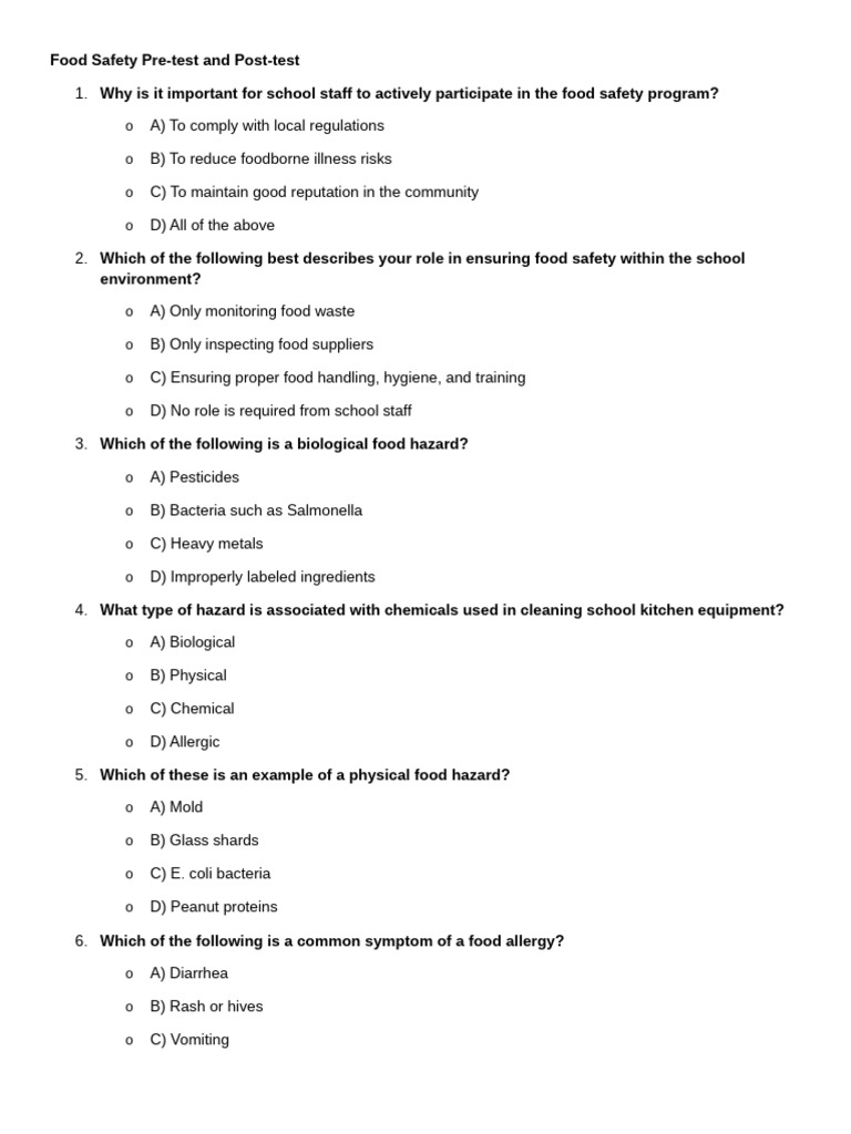 Food Safety Pre and Post Test | PDF | Food Safety | Allergy