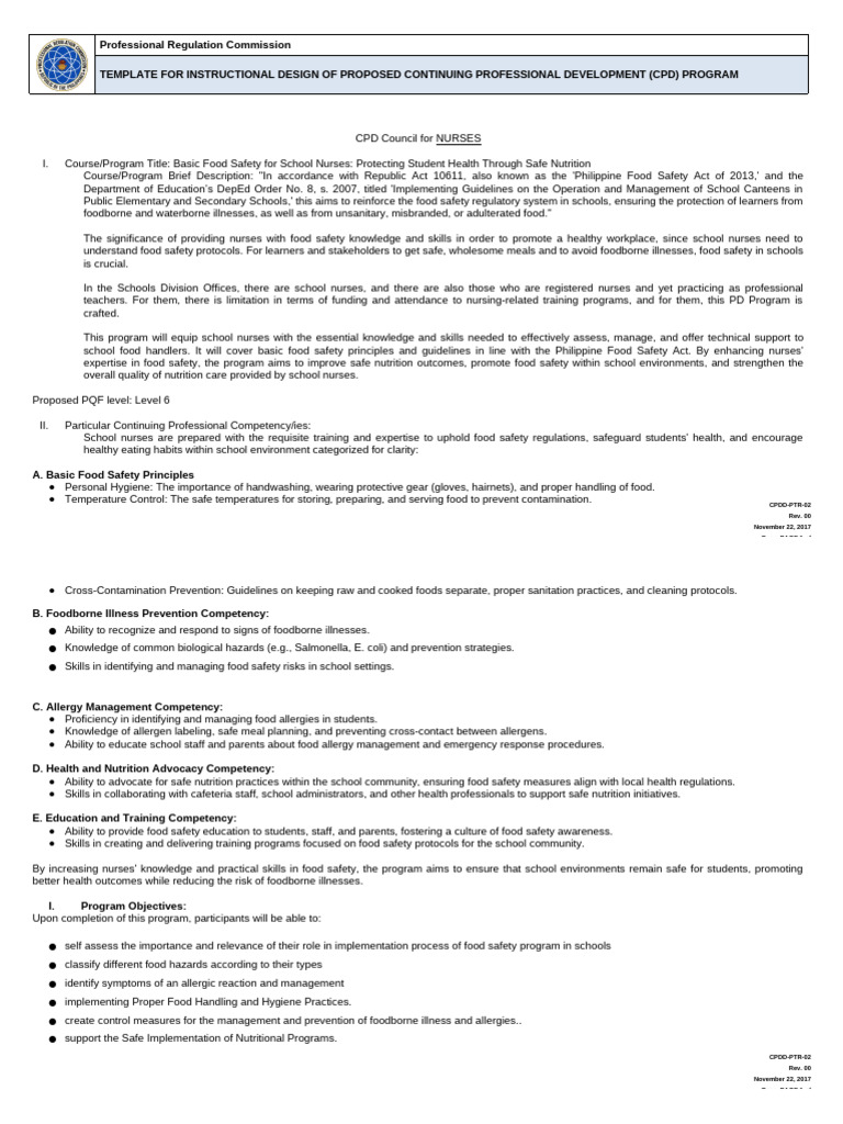 CPDD PTR 02 Instructional Design - NURSES 2 | PDF | Food Safety | Foodborne Illness