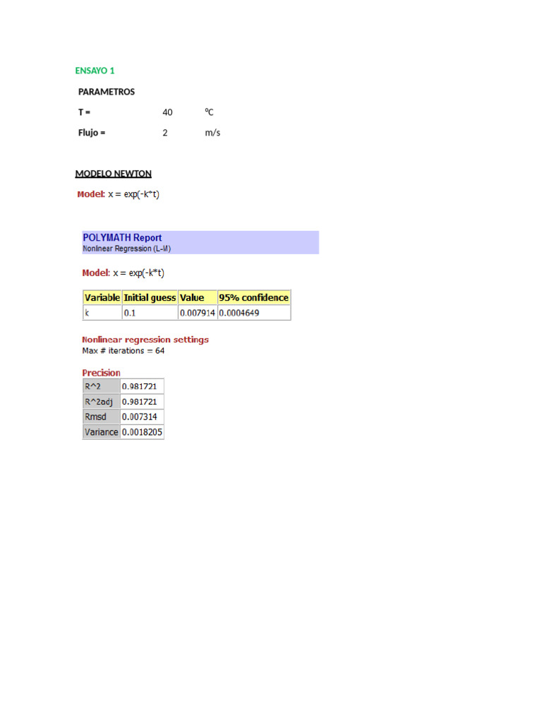 POLYMATH MODELOS (40C, 2mps) | PDF